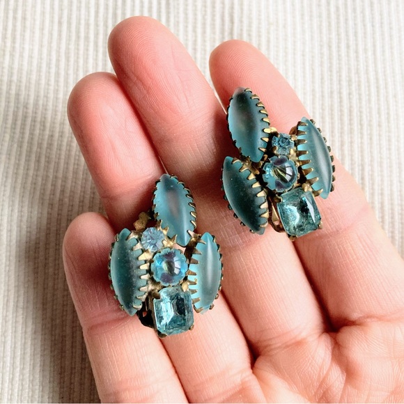 Vintage | Jewelry | Vintage Kafin Frosted Glass Blue Signed Clip On ...